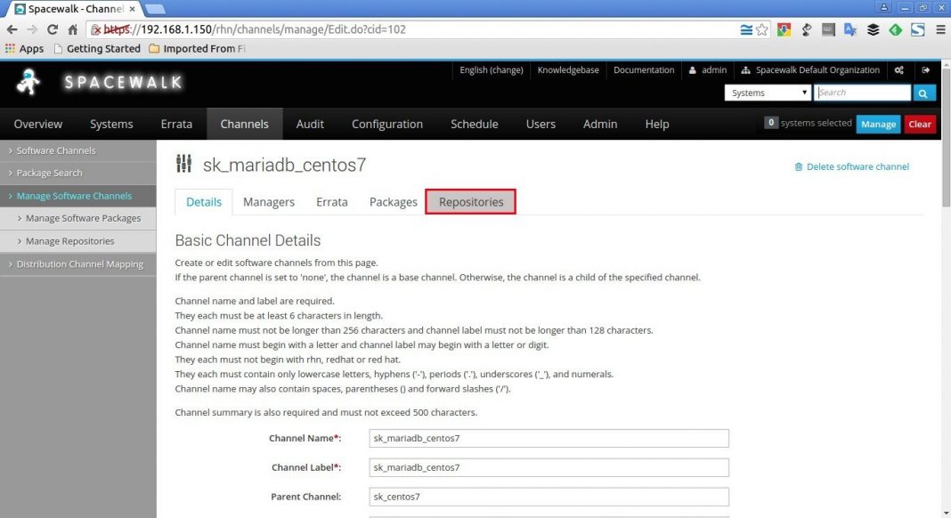 Manage Spacewalk channels and repositories